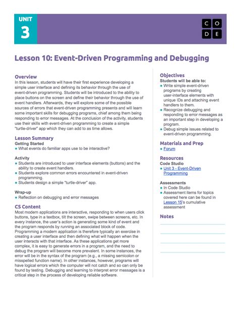 Event Driven Programming And Debugging Lesson Plan For 9th 12th Grade