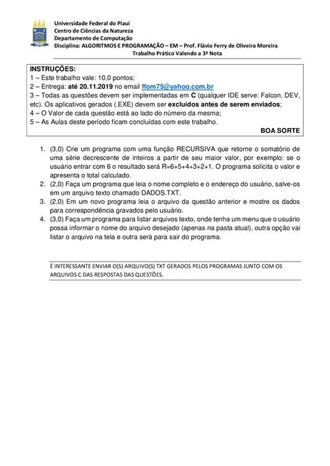 Prova 3 Sobre Programação Estruturada Exercícios Programação Em C