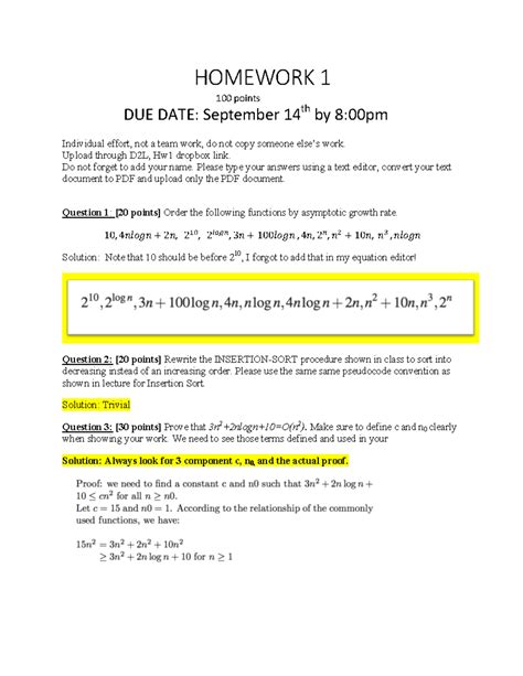 Hw1 Sol Updated Hw1 Sol HOMEWORK 100 Points DUE DATE September Th By 8 00pm Individual