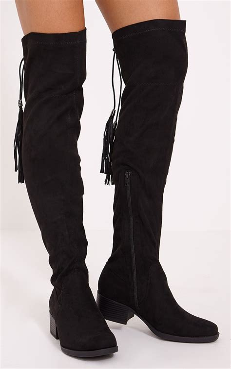 Tracey Black Faux Suede Tassel Thigh Boots Prettylittlething Usa