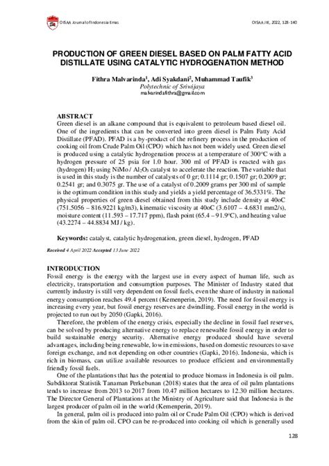Pdf Production Of Green Diesel Based On Palm Fatty Acid Distillate Using Catalytic