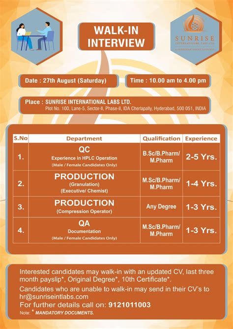 sunrise international labs ltd walk in interviews for qc production
