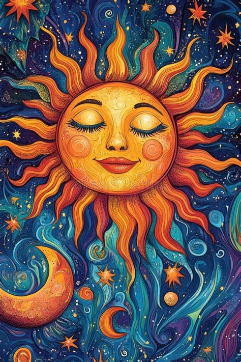 Sun And Moon Art This Vibrant Illustration Features Whimsical Sun And Moon Faces Ideal For