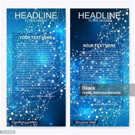 전단지 브로슈어 크기 A4 템플릿 배너 설정 합니다 연결된 라인 및 점 분자 구조입니다 잡지 전단지 커버 포스터 디자인에 대 한 요소와 과학 패턴 원자 Dna 0명에 대한