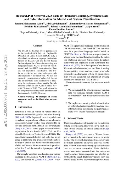 pdf hausanlp at semeval 2023 task 10 transfer learning synthetic