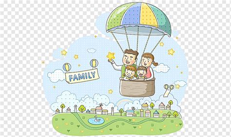 풍선 만화 일러스트 레이 션 온 가족이 뜨거운 풍선을 앉아 텍스트 사진술 사람들 Png Pngwing