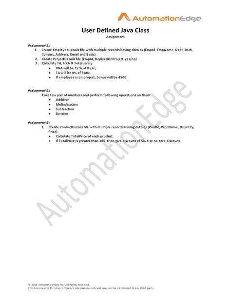 User Defined Java Class Assignment For Practice Pdf