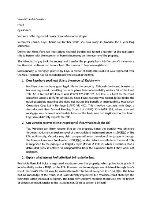 Week 8 Tutorial Questions 1 Week 8 Tutorial Questions Fraud Question