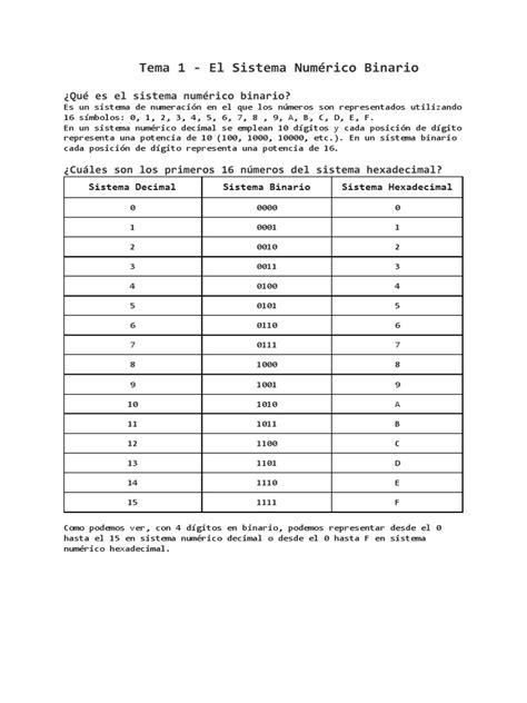 Introducción Al Sistema Numérico Binario Y Su Conversión A Hexadecimal Pdf Teoría De Los