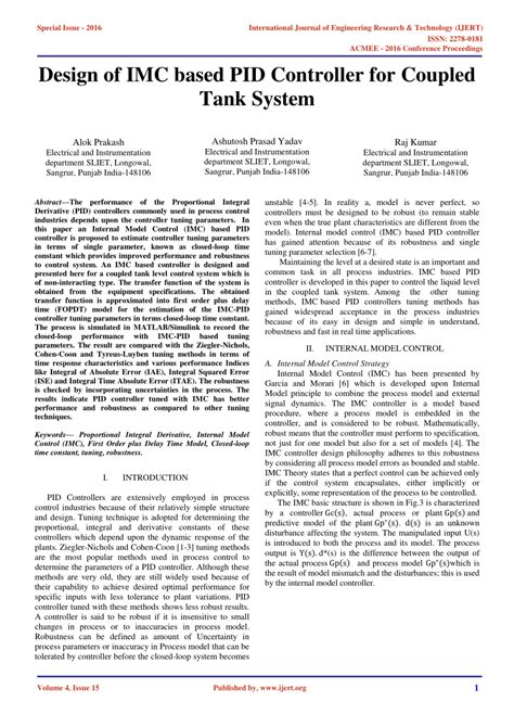 Pdf Design Of Imc Based Pid Controller For Coupled Tank System