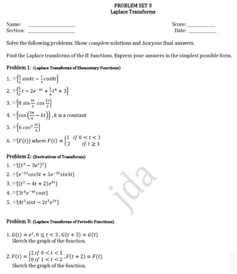 Solved PROBLEM SET Laplace Transforms Name Section Chegg Com