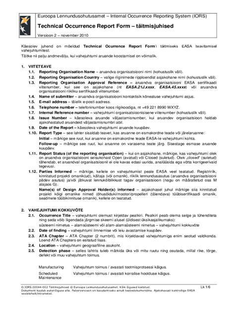Fillable Online Euroopa Lennundusohutusamet Internal Occurrence Reporting System Iors Fax