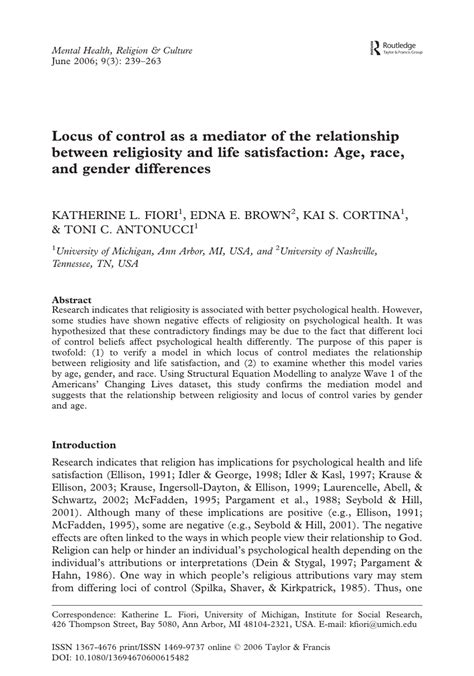 Pdf Locus Of Control As A Mediator Of The Relationship Between Religiosity And Life