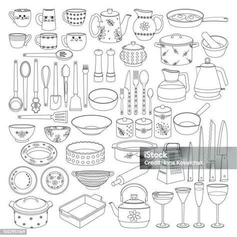 주방 용품 숟가락 포크 나이프 주전자 투수 머그잔 거품기 국자 접시 그릇 라인 아트 라인아트에 대한 스톡 벡터 아트 및 기타 이미지 Istock