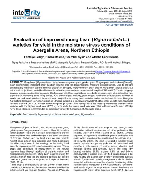 Pdf Evaluation Of Improved Mung Bean Vigna Radiata L Varieties For Yield In The Moisture