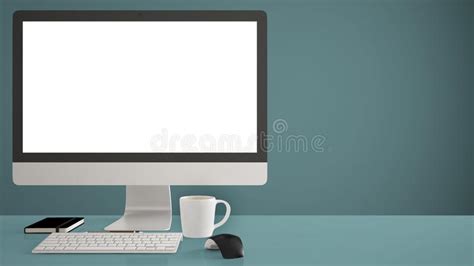 Desktop Mockup Template Computer On Wooden Work Desk With Blank Screen House Keys 3d Letters