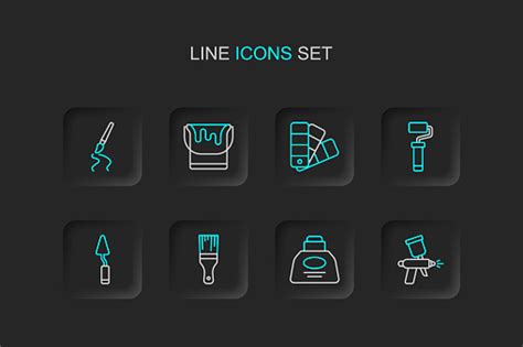 세트 라인 페인트 스프레이 건 잉크병 브러시 팔레트 나이프 롤러 컬러 팔레트 가이드 버킷 및 아이콘 벡터 굴리기에 대한 스톡 벡터 아트 및 기타 이미지 Istock