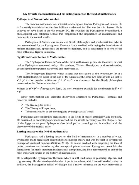 My Favorite Mathematician And His Lasting Impact On The Field Of Mathematics Pdf Pythagoras