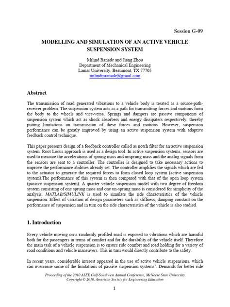 Modelling And Simulation Of An Active Vehicle Suspension System Pdf