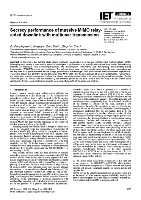 Pdf Secrecy Performance Of Massive Mimo Relay‐aided Downlink With Multiuser Transmission