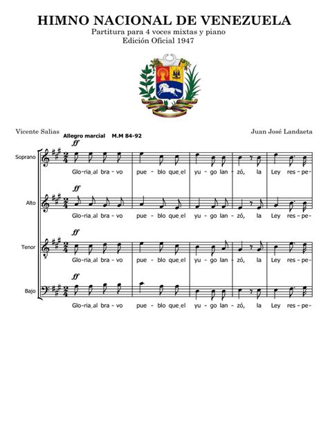 Himno Nacional De Venezuela National Anthem Of Venezuela Piano And