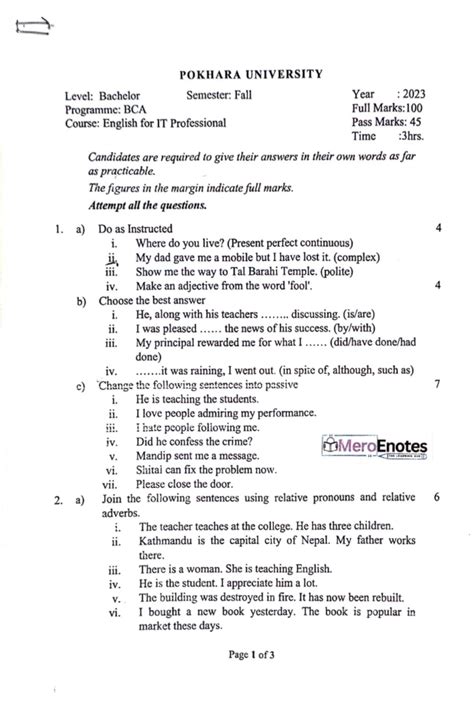 Pu Bca 1st Sem English Question Paper Mero Enotes