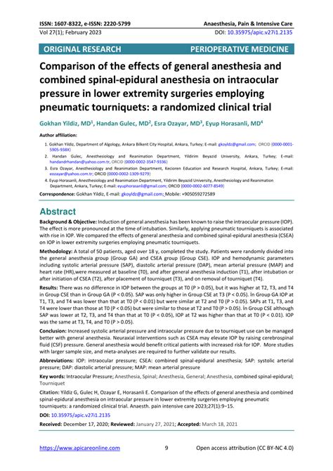 Pdf Comparison Of The Effects Of General Anesthesia And Combined Spinal Epidural Anesthesia On