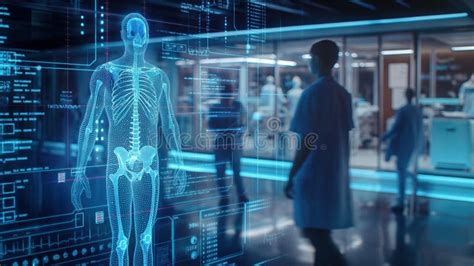 Futuristic Medical Digital Interface With Holographic Human Body And Data Visualization Stock