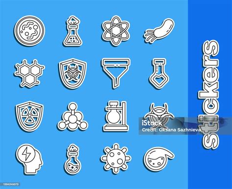 세트 라인 테스트 튜브 및 플라스크 화학 생물 위험 기호 원자 방패 화학 공식 박테리아 및 깔때기 필터 아이콘 벡터 건강 검진에