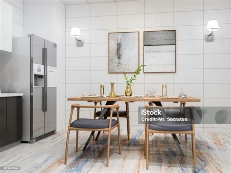 현대 아파트 주방 단단한 나무 식탁과 넓은 방 단단한 나무 사용자 지정 레일 및 냉장고 깔끔하게 배치 하는 다양 한 도구에 식사의 자 0명에 대한 스톡 사진 및 기타 이미지