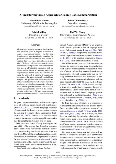 Pdf A Transformer Based Approach For Source Code Summarization
