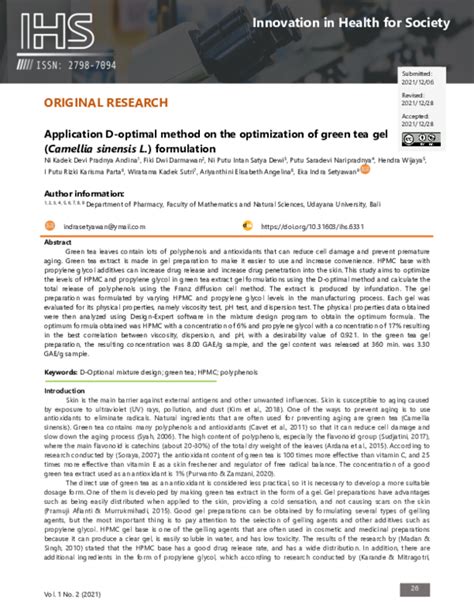 Pdf Application D Optimal Method On The Optimization Of Green Tea Camellia Sinensis L