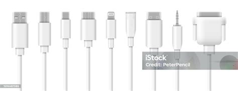케이블 커넥터 벡터 아이콘 세트 Usb Hdmi 번개 이더넷 및 기타 사실적인 그림입니다 흰색 배경에 격리 Usb 케이블에 대한 스톡 벡터 아트 및 기타 이미지 Istock