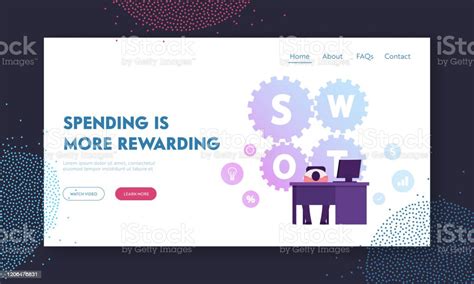 Swot 기업 전략 웹 사이트 방문 페이지 Pc 모니터와 책상에 누워 피곤 사업가 분석 강점 약점 기회 위협 웹 페이지 배너 만화 플랫 벡터 일러스트 개념에 대한 스톡 벡터