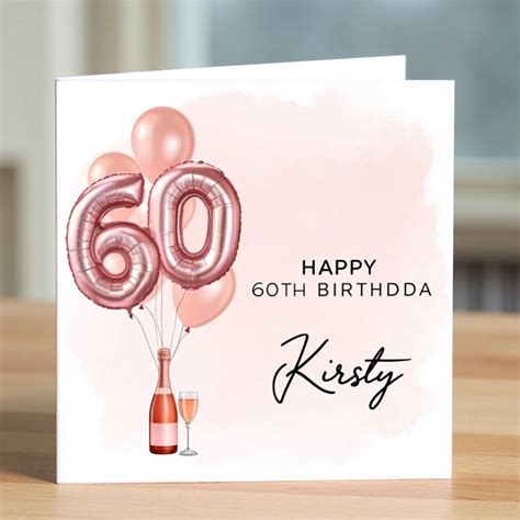 Personalized 60th Birthday Card Pink Balloons And Champagne Etsy Uk