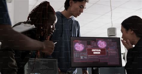 Pc에서 보안 위반 경고를 처리하는 모니터를보고있는 소프트웨어 개발자 팀은 해킹 및 치명적인 오류를 해결하려고합니다 엔지니어는 터미널 창을 사용하고 시스템 해킹 충돌을