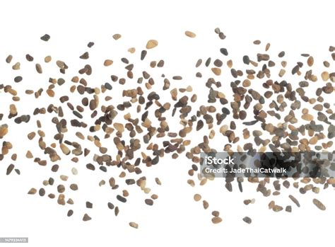 물고기 탱크 장식 바위 돌 자갈 파리 폭발 가을 갈색 돌 바위 폭발 추상 구름 파리 지상 층에 대한 공중에서 튀는 흰색 배경 격리 고속 셔터 동결 샷 갈색에 대한 스톡 사진