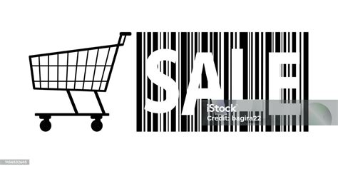 단색 라벨 또는 바코드가있는 스티커 바코드 아이콘 실루엣 쇼핑 트롤리 및 비문 판매 할인 프로모션 표시 흰색으로 격리 가로 배너입니다 바코드에 대한 스톡 벡터 아트 및 기타