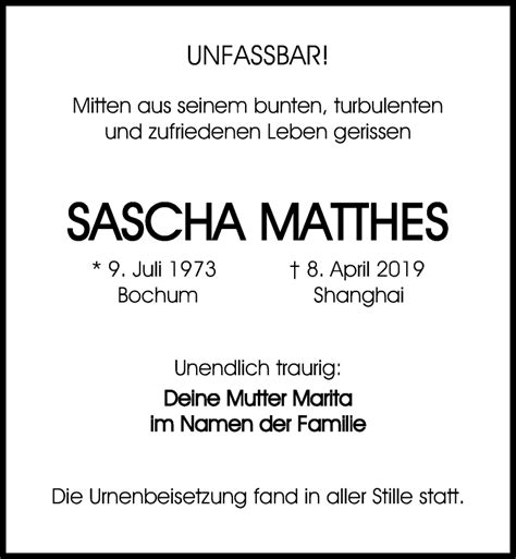 Traueranzeigen Von Sascha Matthes Trauer Anzeigende