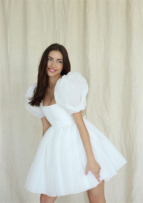 Peggi Dress Short Wedding Dress Mini Wedding Dress Puff Dress Organza Puff Sleeves Dress