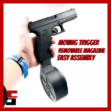 3d Printable Pistol Glock 17 Drum Magazine Movable Trigger Parts