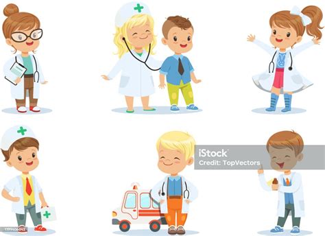 귀여운 아이 재생 의사 세트 사랑스러운 소년과 소녀에 흰색 코트 검사 및 치료 그들의 환자 벡터 그림 아이에 대한 스톡 벡터 아트 및 기타 이미지 Istock
