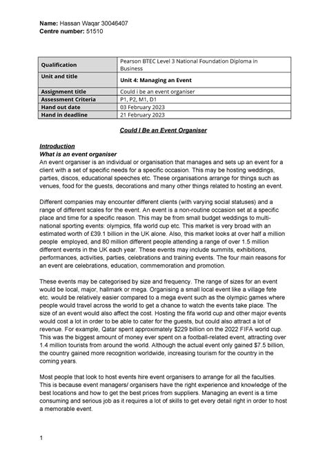 Unit 4 Managing An Event Assignment Name Hassan Waqar 30046407 Centre Number 51510