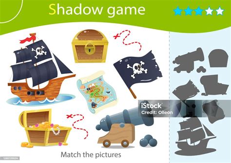아이들을위한 그림자 게임 올바른 그림자를 일치시다 해적 선박 대포 두개골과 검은 깃발 보물지도와 금 가슴의 색상 이미지 어린이와 미취학 아동을위한 워크 시트 벡터 디자인 0
