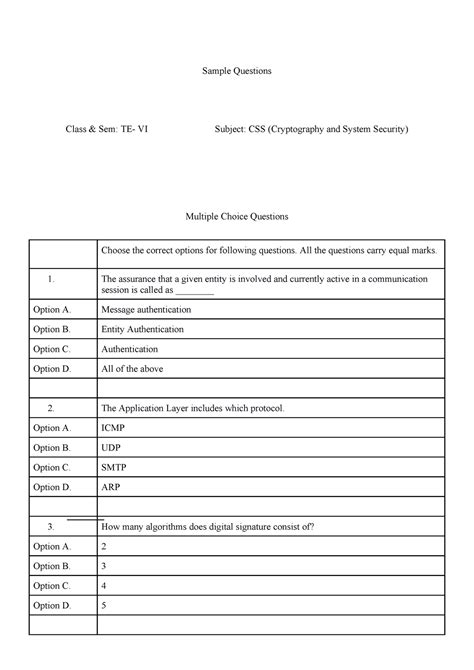 Comp Sem Vi Cryptography And System Security Sample Questions Sample Questions Class And Sem