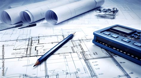 Tools On The Blueprint Constuction Map Blueprint Of Some Plan And Paper