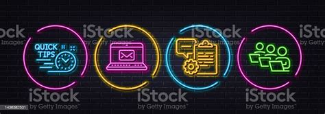 빠른 팁 클립 보드 및 전자 메일 최소 줄 아이콘 웹 응용 프로그램의 경우 인쇄 네온 레이저 3d 조명 벡터 3차원 형태에 대한