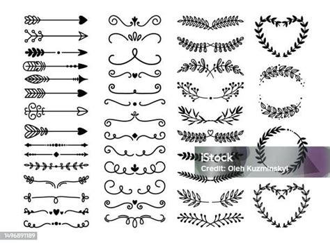 꽃 장식 칸막이입니다 장식 라인 가지 장식 번성하는 텍스트 테두리 구분선 손으로 그린 곱슬 요소 낙서 꽃 하트 프레임 화살표