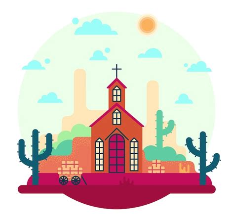 Церковь на Диком Западе векторные иллюстрации шаржа в плоском стиле Премиум вектор