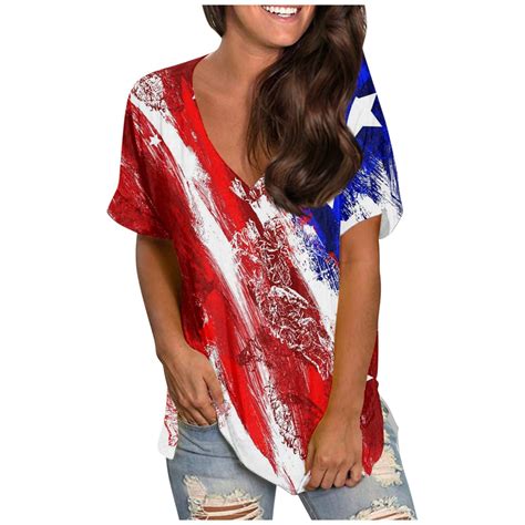 Wangxldd July 4th Womens Tops Summer Short Sleeve Star Stripes American